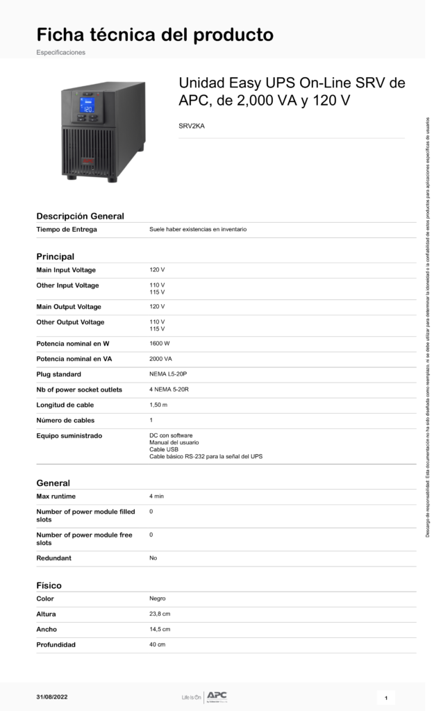 UPS 2KVA online APC ficha 1 - American Insap